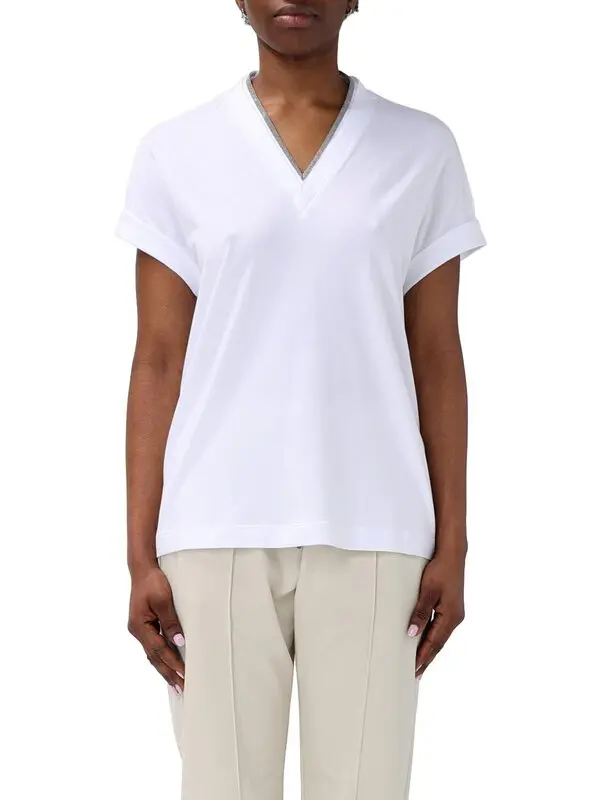 Brunello Cucinelli V-neck T-shirt With Embellished Trim - White