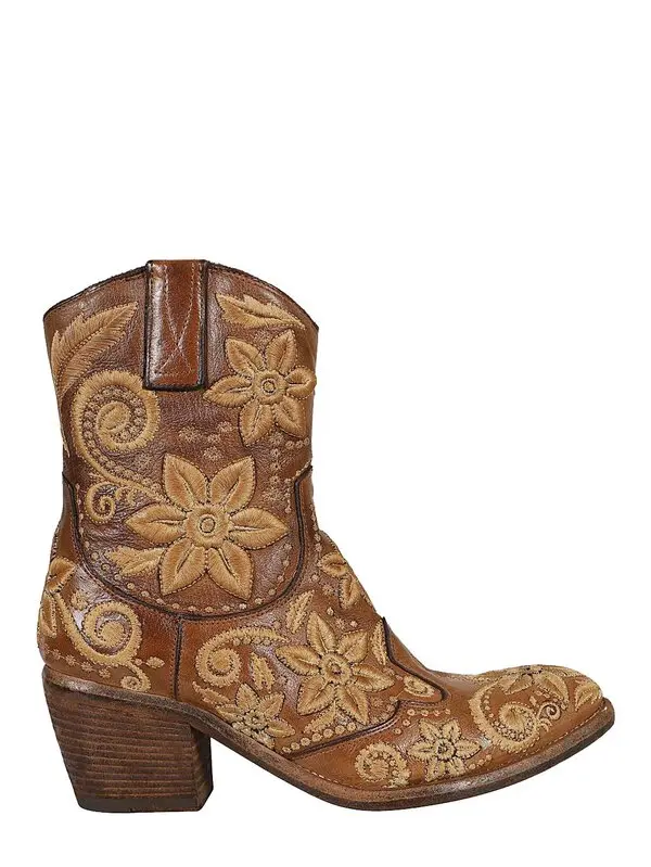 FAUZIAN JEUNESSE Texan Boots With Floral Embroidery - Brown