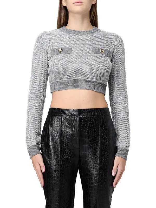 Elisabetta Franchi Cropped Jumper With Embellished Pockets - Grey