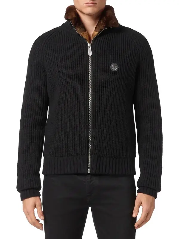 Philipp Plein Shearling Wool Cardigan - Black