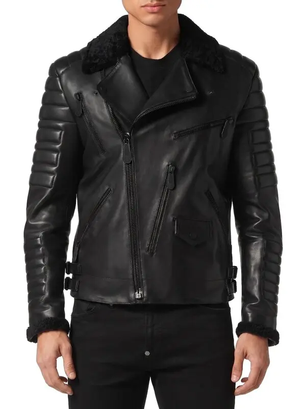 Philipp Plein Lambskin Biker Jacket With Shearling Collar - Black