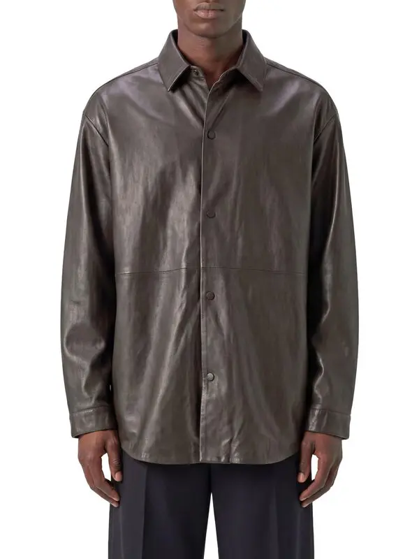 Fear Of God Casual Smooth Leather Shirt With French Collar And Curved Hem - Brown