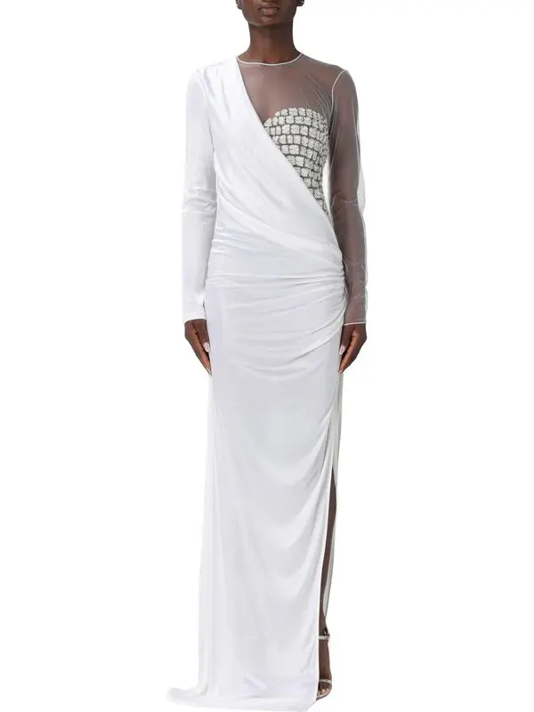 Elisabetta Franchi Long Sleeve Draped Gown With Embellished Bustier - Ivory