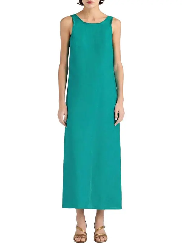 Momoni A-line Linen Midi Dress With Off-the-shoulder Design And Back Slit - Emerald