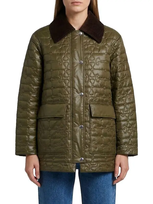 GANNI Quilted Jacket With Corduroy Collar - Green