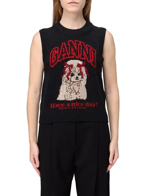 GANNI Knitted Waistcoat With Leopard Print - Black