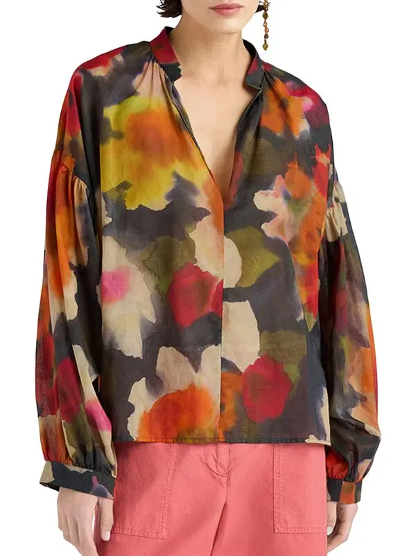 Momoni Floral Cotton Long Sleeve V-neck Shirt - Multicolor
