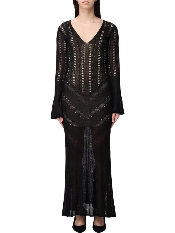 TWINSET Crochet Long Sleeve V-neck Dress - Black