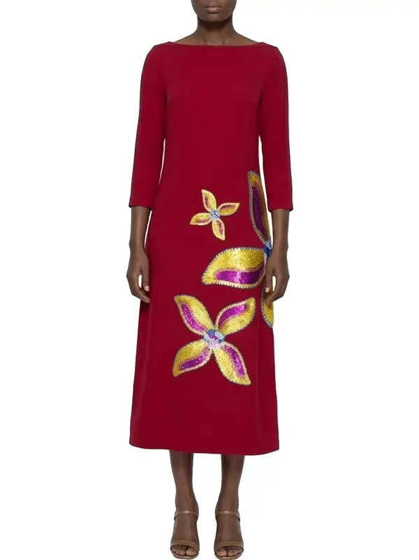 PAULA Crêpe Midi Dress With Floral Embroidery And Sequins - Red