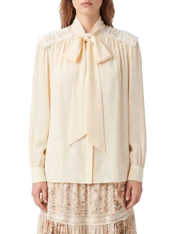 Chloé Satin Blouse With Lace Inserts And Pussy Bow - Milk