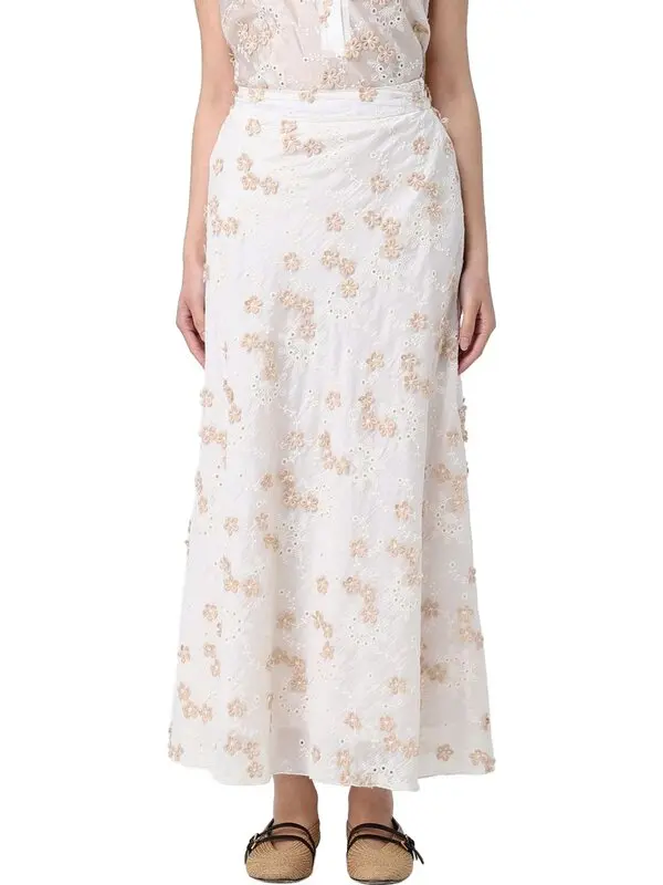 HANITA Embroidered Floral Viscose Blend Maxi Skirt - Beige
