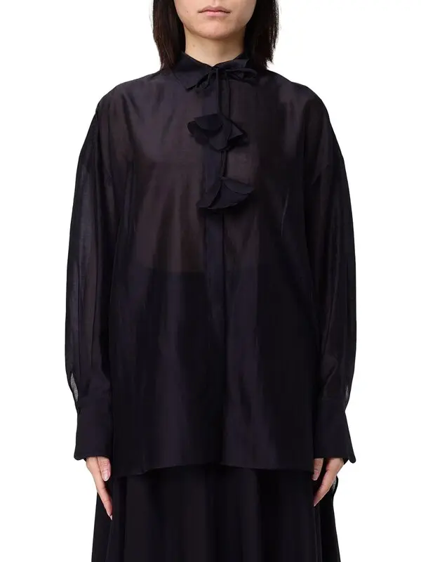 HANITA Chiffon Shirt With Romantic Floral Detail - Black