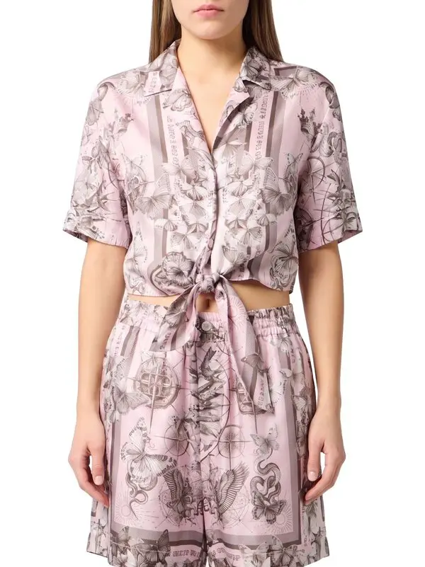Philipp Plein Graphic Print Silk Cropped Shirt - Fuchsia