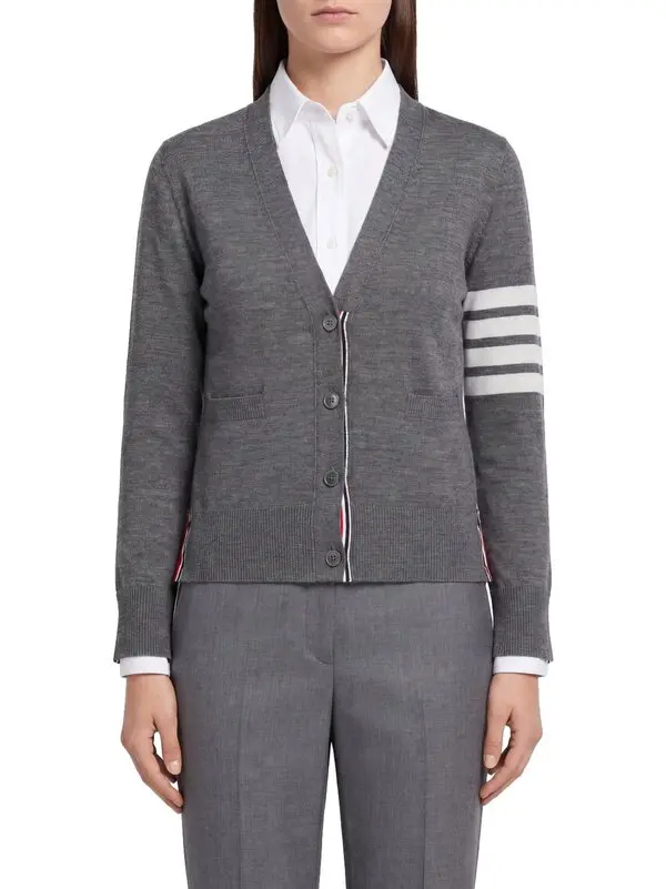 Thom Browne Slim Fit Virgin Wool V-neck 4-bar Logo Cardigan - Grey