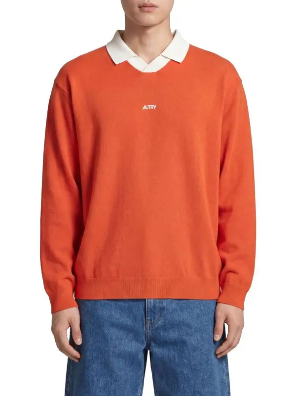 AUTRY Relaxed Fit Long-sleeved Cotton Polo Shirt With Contrast Logo - Orange