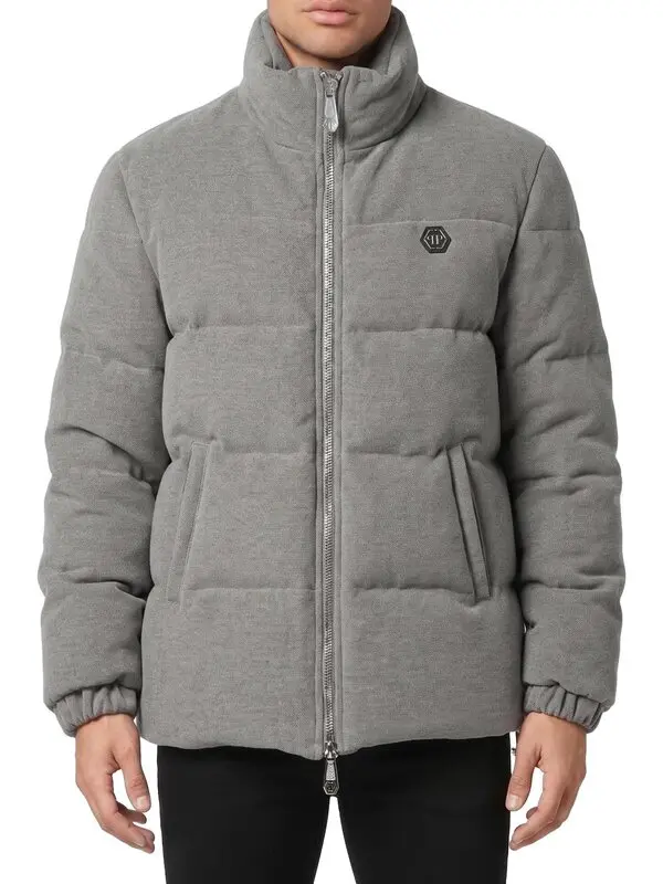 Philipp Plein Wool Down Jacket With Logo And Slogan - Grey