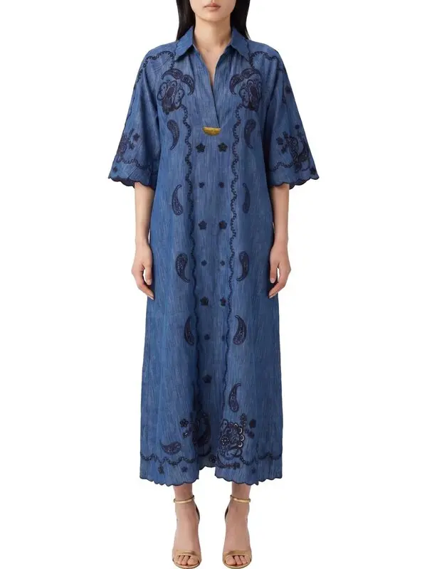 Zimmermann Aster Long Embroidered Cotton Denim Chemisier Dress - Blue