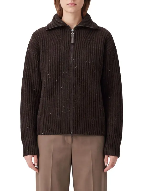 Brunello Cucinelli Ribbed Wool-blend Zip-up Cardigan With Sequins - Multicolor