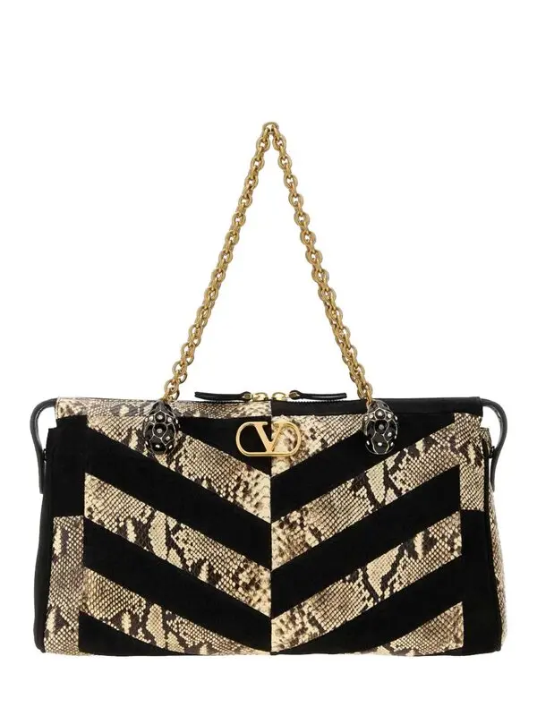 Valentino Garavani Panthea Python And Suede Shoulder Bag With Vlogo Signature - Beige