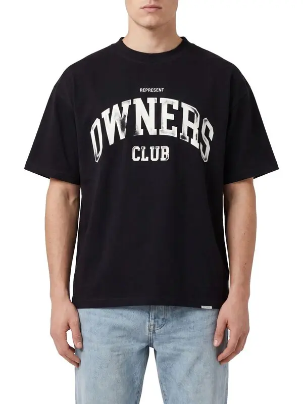 REPRESENT Vintage-style Cotton T-shirt With Printed Logo And Dropped Shoulders - Black