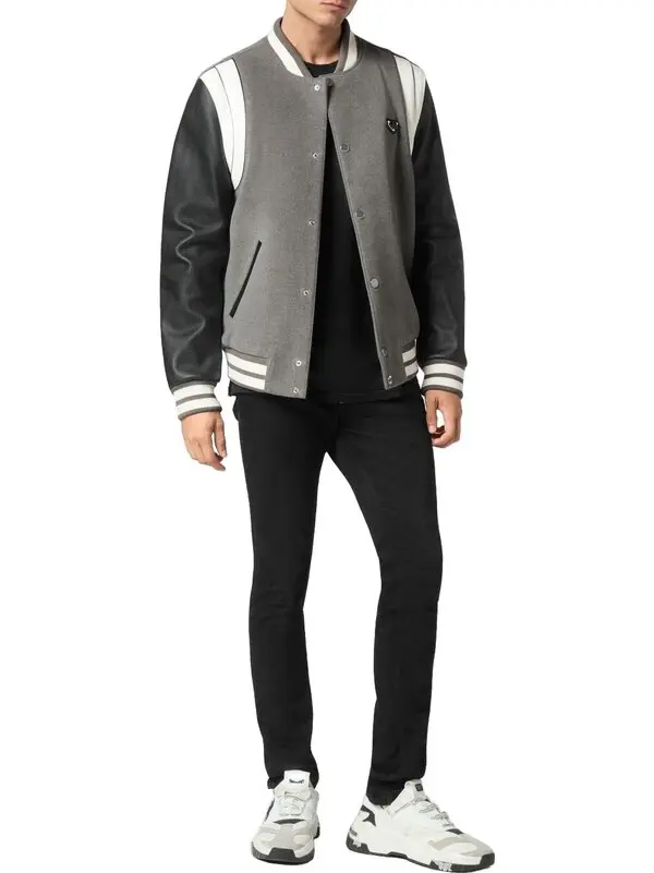 Philipp Plein Calfskin And Fabric Bomber Jacket With Contrast Trims - Grey