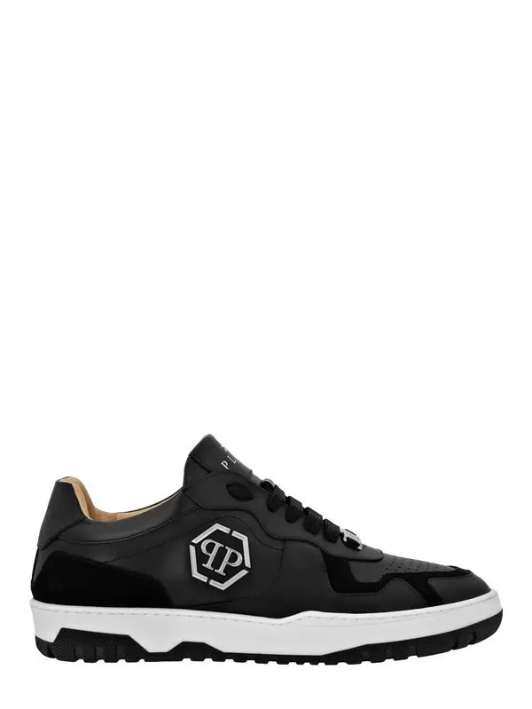 Philipp Plein Low-top Leather And Suede Sneakers With Hexagon Logo - Black
