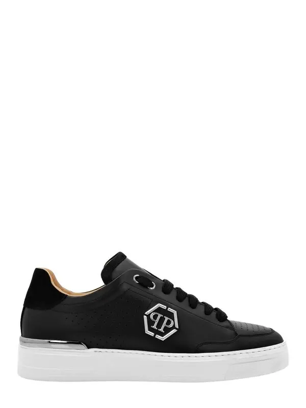 Philipp Plein Leather Low-top Sneakers With Monogram Pattern And Hexagon Logo - Black