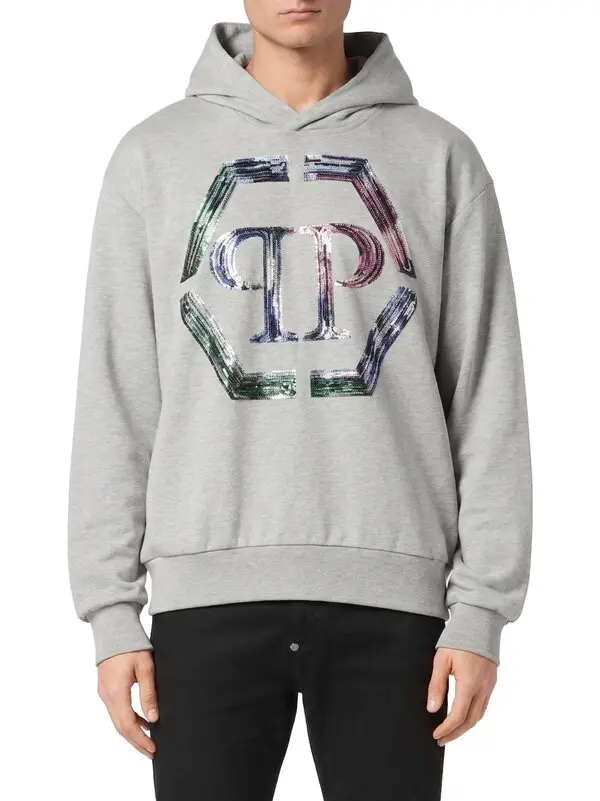 Philipp Plein Cotton Hoodie With Hexagon Logo And Monogram - Grey