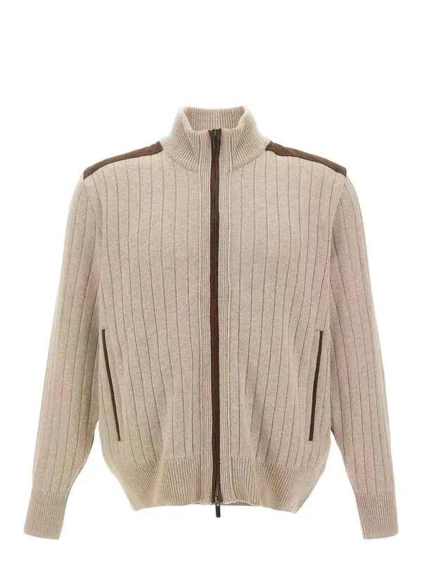 Paul & Shark Ribbed-knit Suede-panel Cardigan - Neutrals