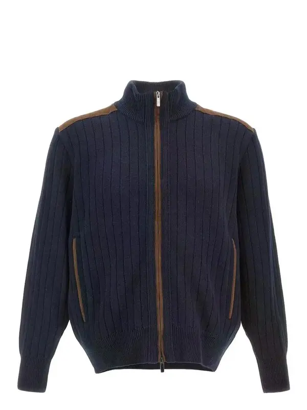 Paul & Shark Ribbed Knit Suede Panel Cardigan With High Neck And Zip-up Front - Blue