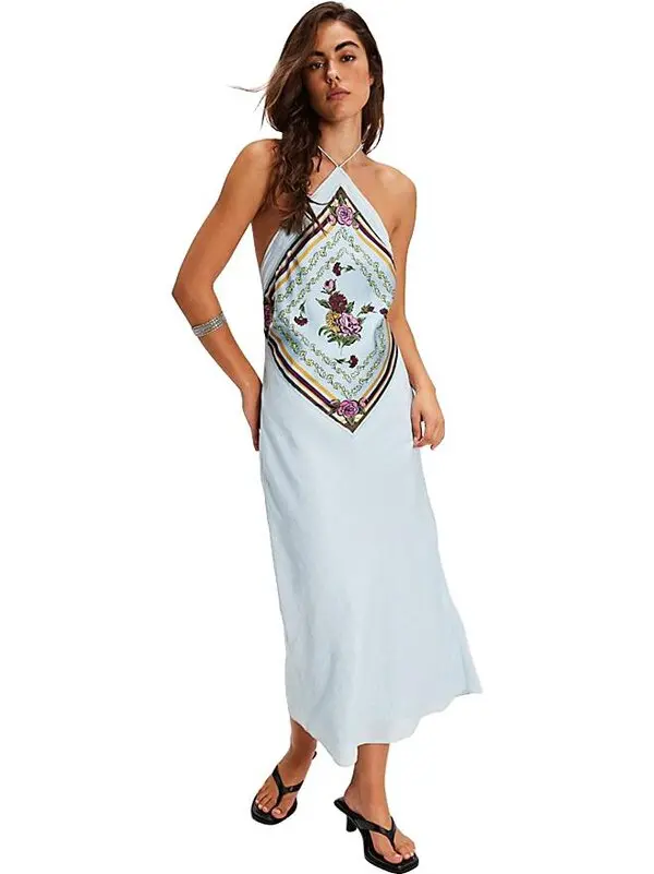 Free People Halterneck Floral Print Midi Dress - Silver Blue Combo