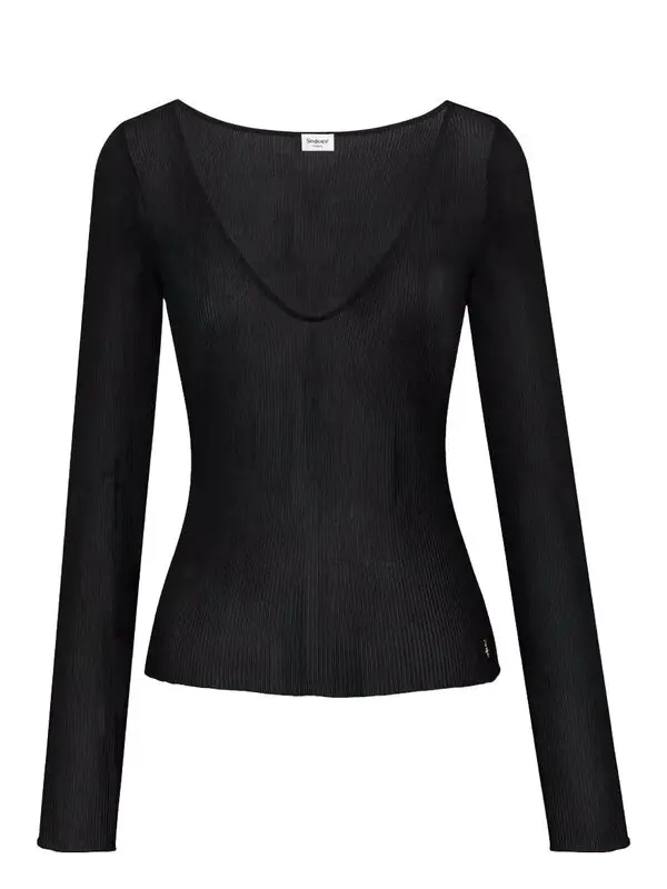 Saint Laurent Cassandre V-neck Ribbed Silk Top - Black