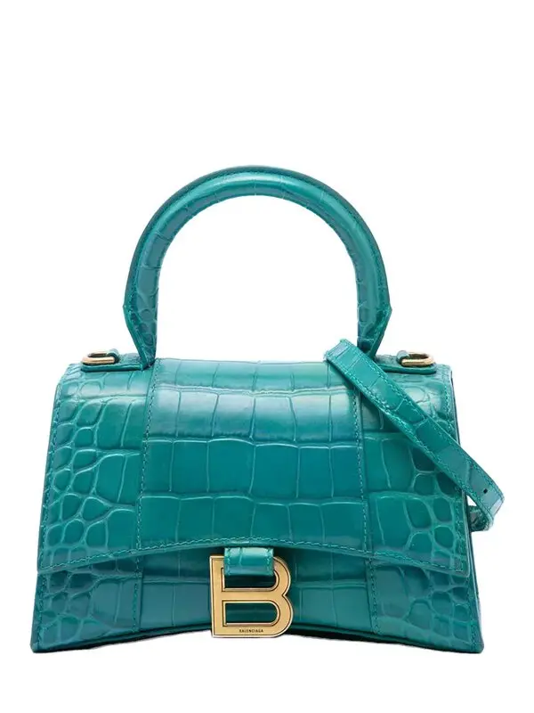 Balenciaga Croc Embossed Calfskin Hourglass Top Handle Bag Xs Satchel - Blue