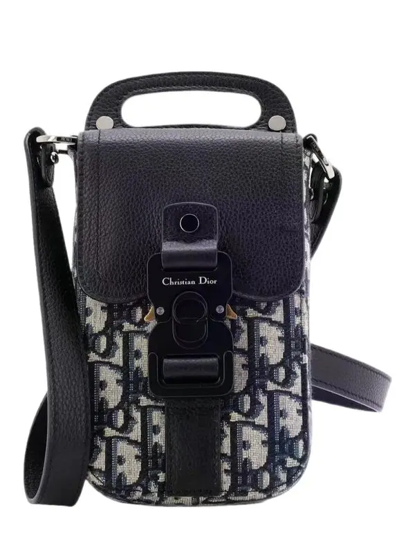 Dior Vertical Saddle Pouch With Strap Oblique Canvas And Leather Crossbody Bag - Black