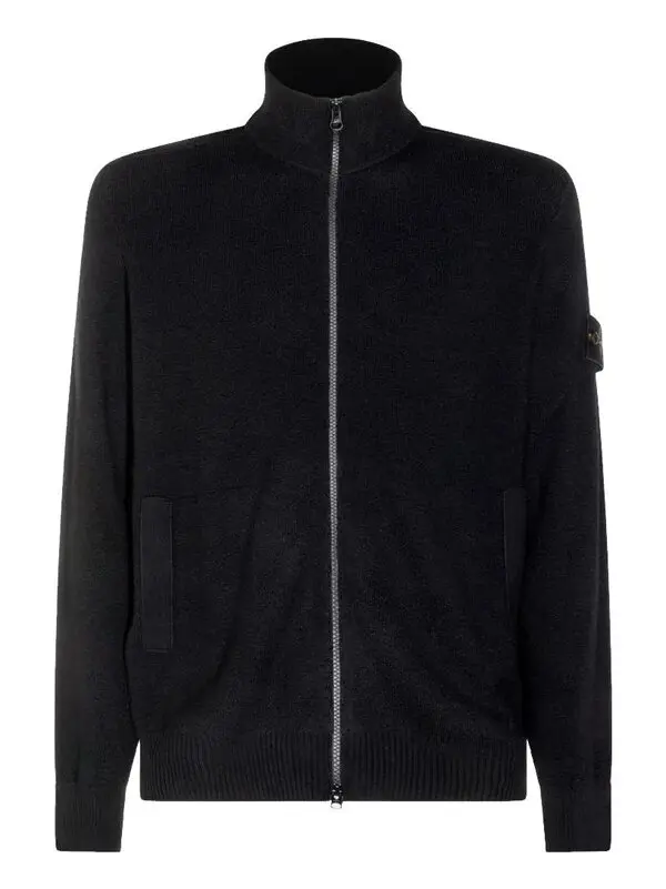 Stone Island Rws Wool High Neck Zip-up Jumper - Black