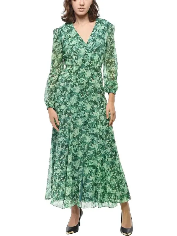Saloni Annabelle Botanical Print Silk Dress - Green