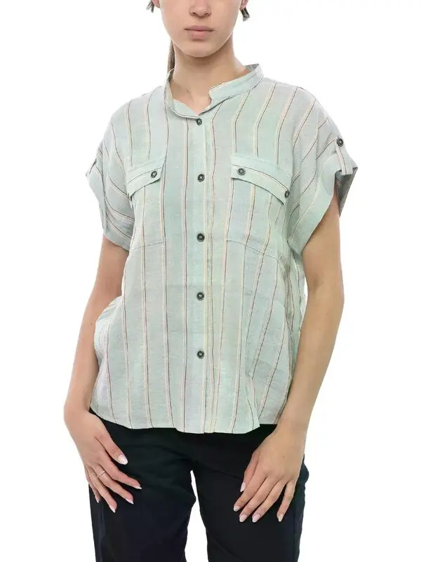 Woolrich Striped Band Collar Short Sleeve Shirt - Blue