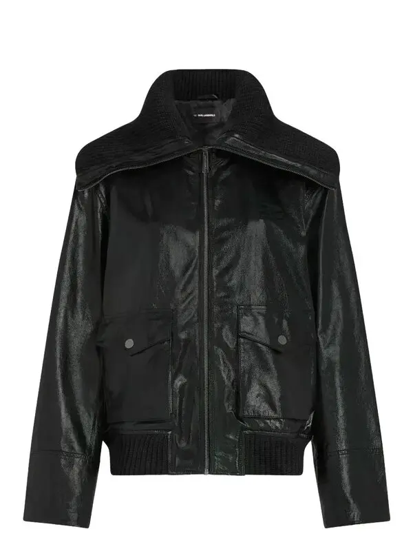 Karl Lagerfeld Leather Jacket With Knitted Collar - Black