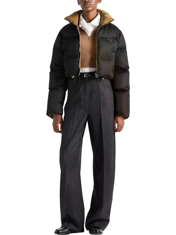 Prada Cropped Re-nylon Down Jacket With Contrasting Lining - Black