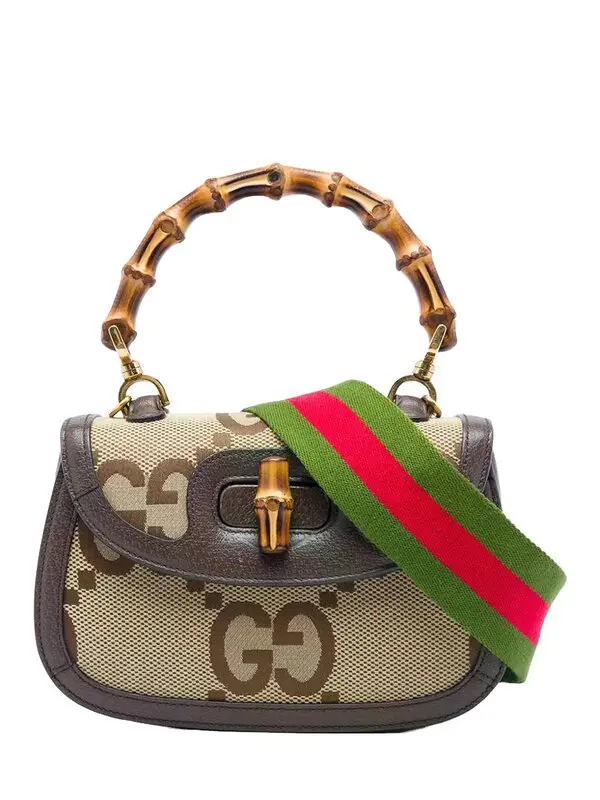 Gucci Jumbo Gg Canvas Web Bamboo 1947 Top Handle Bag Satchel - Neutrals