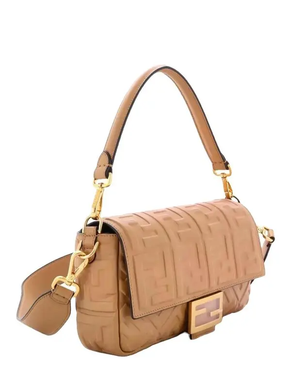 Fendi Baguette Nm Bag Zucca Embossed Leather Medium Crossbody Bag - Brown