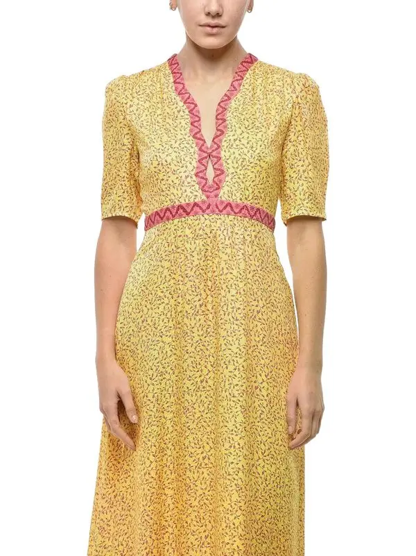 Saloni Tabitha Botanical Print V-neck Silk Dress - Yellow