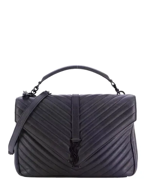 Saint Laurent Classic Monogram College Bag Matelasse Chevron Leather Shoulder Bag - Black