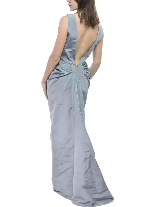 SUPER BLOND Sleeveless Silk Maxi Dress With Boat Neck And Ruched Detailing - Blue