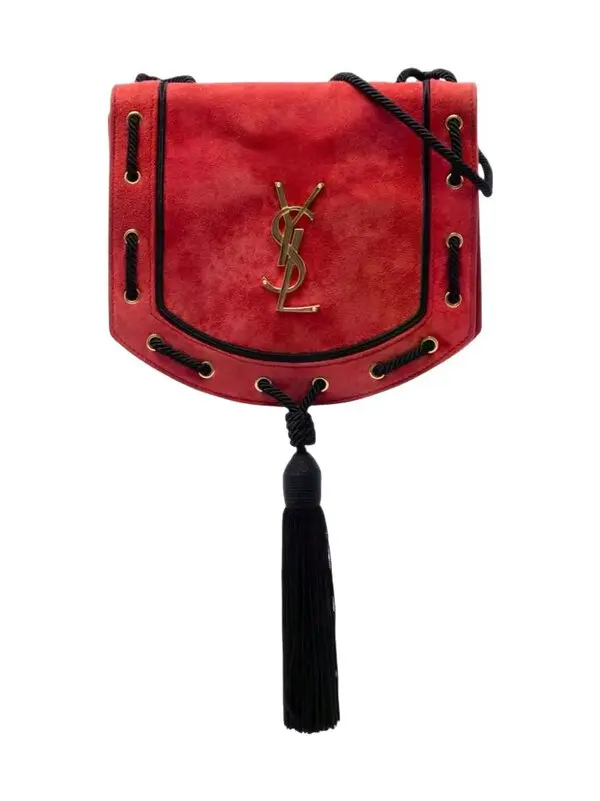 Saint Laurent Suede Monogram Fetish Tassel Crossbody Bag - Red
