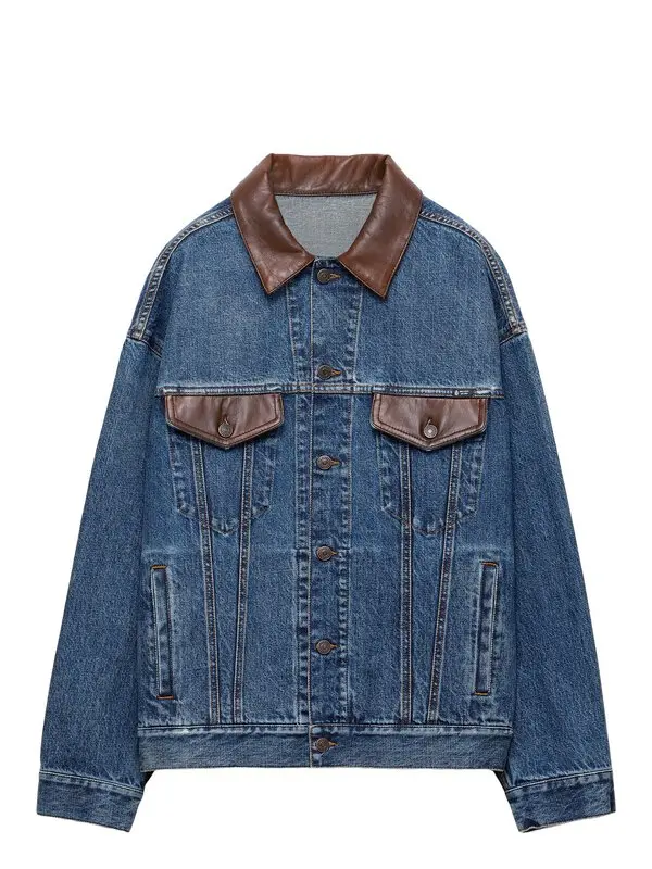 Prada Denim Jacket With Leather Collar And Pockets - Navy