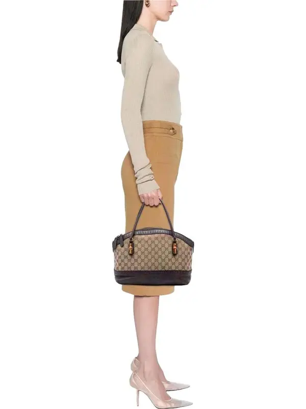 Gucci Gg Canvas And Leather Handbag With Bamboo Details - Neutrals