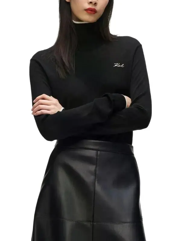 Karl Lagerfeld Logo Embroidered Merino Wool Turtleneck Sweater - Black