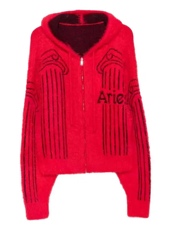 Aries Column-print Zip-fastening Hoodie - Red