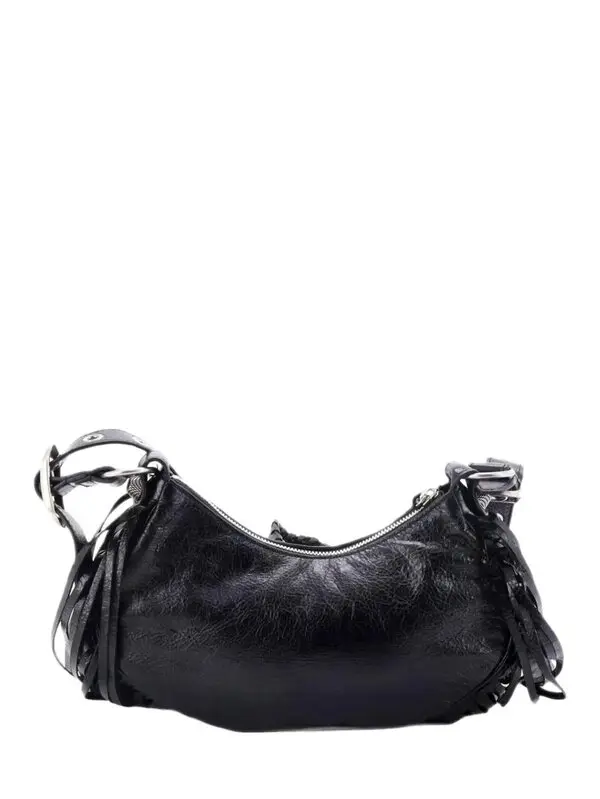 Balenciaga Leather Hobo Bag With Studs And Fringe - Black